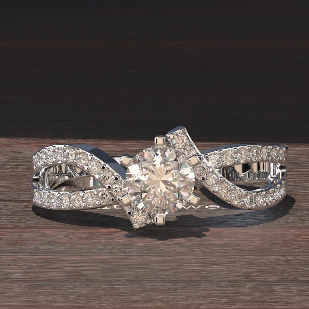 Round Cvd/diamond Engagement Ring, Solid Gold Bypass Ring for Women ...