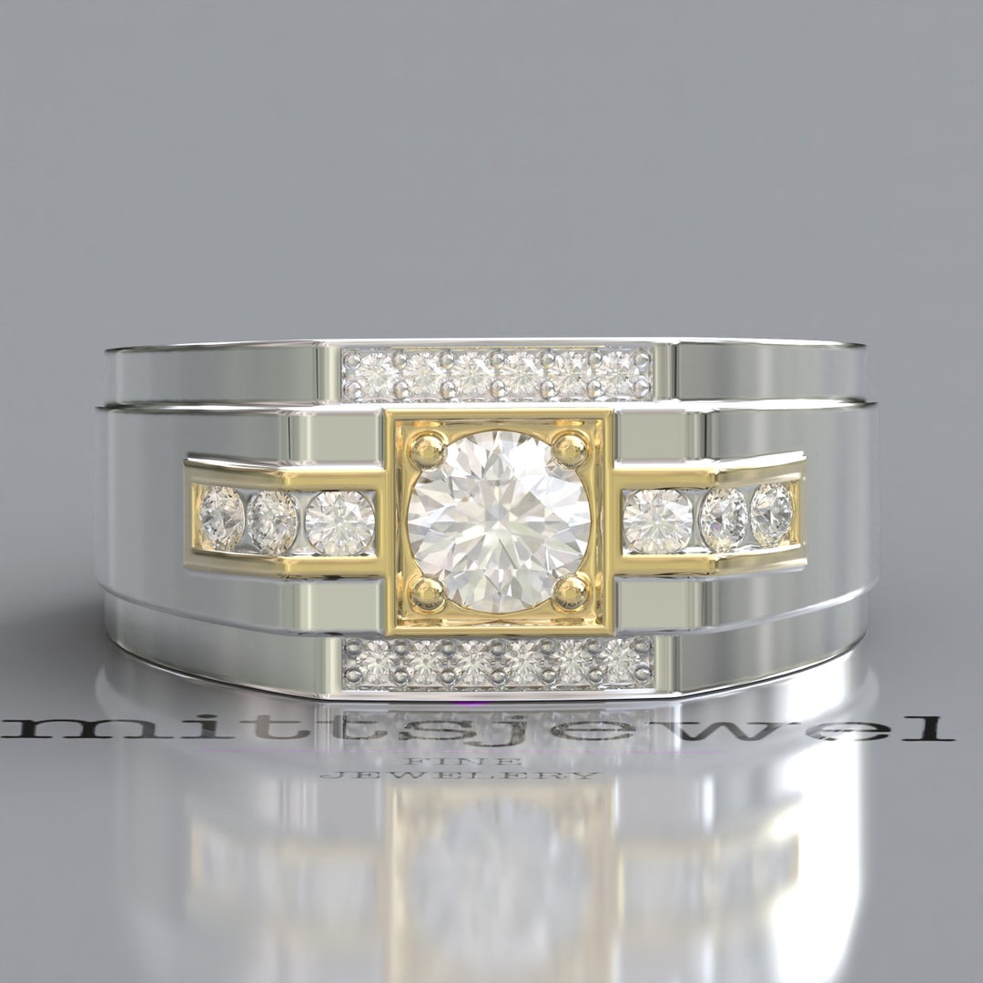 Round Cvd/diamond Men's Ring, Solid Gold Lab Grown Diamond Ring for Men, Round Diamond Mens ...