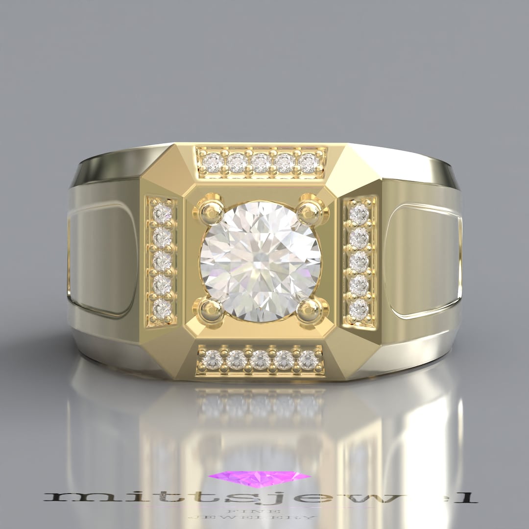 Round Lab Grown Diamond Men's Ring, Solid Gold Cvd/diamond Ring for Men ...