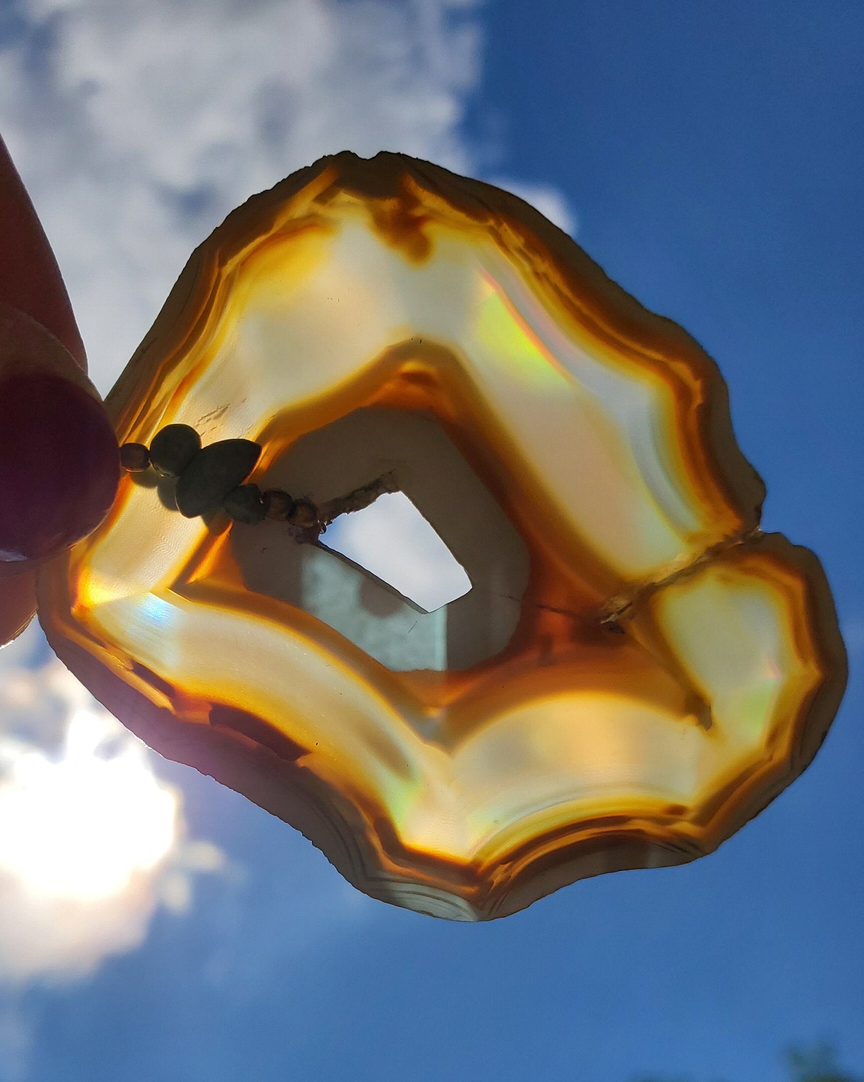 Iris Agate Suncatcher. Window Display. Natural Rainbow Crystal. Brass ...