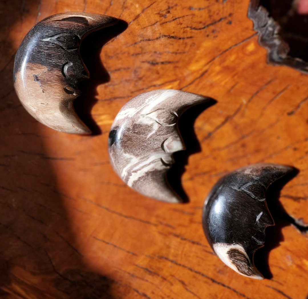 Hand Carved Petrified Wood Moons. Moon With Face. Fossilized Wood. Moon ...