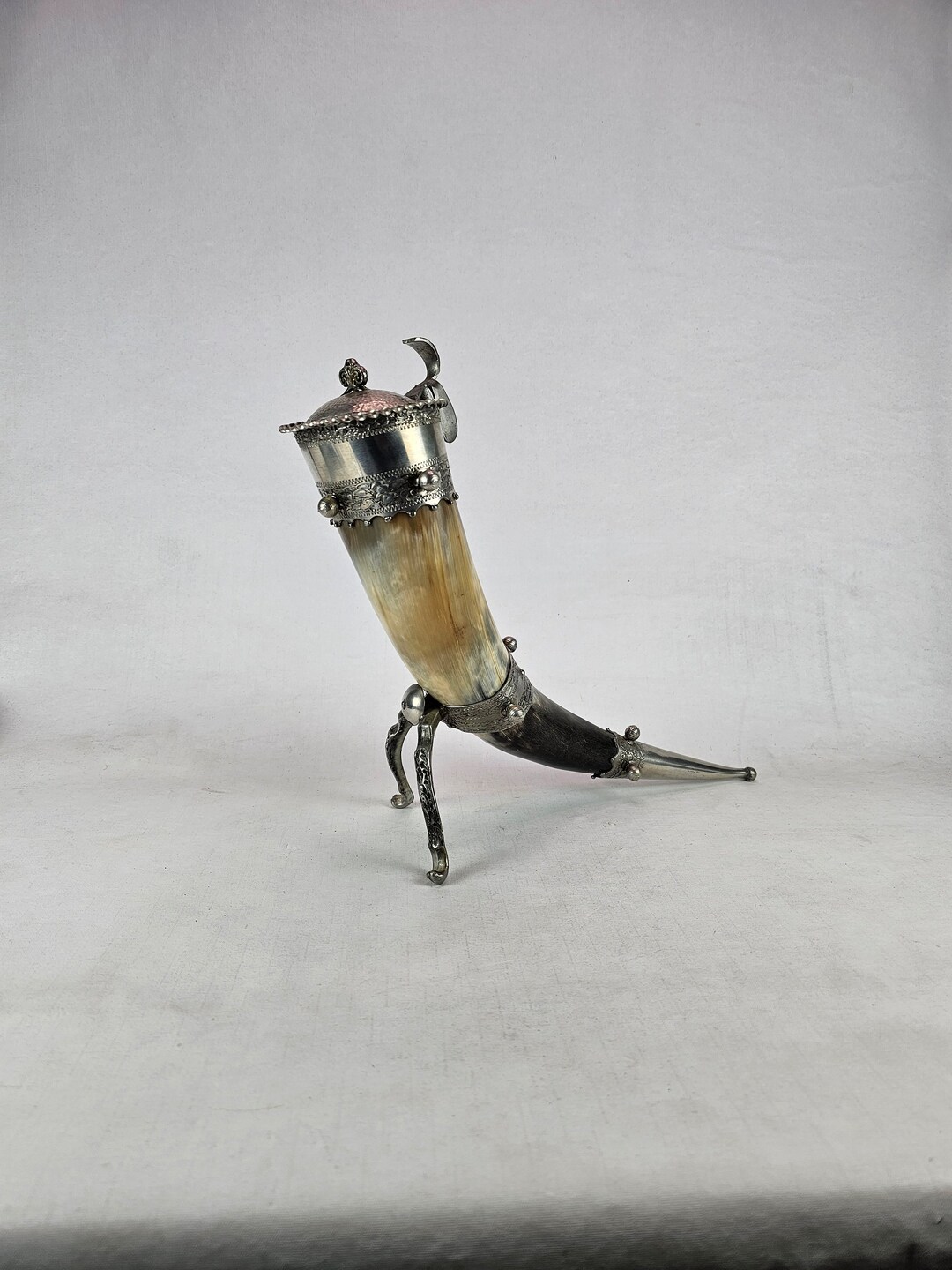 Vintage Pewter and Hand Cast Norwegian Cow Horn Drinking Horn - Unique ...