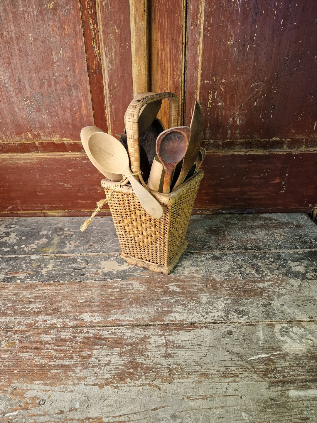 Stunning Wicker Basket of Bamboo Wire, Full of Old Wooden Ladles ...
