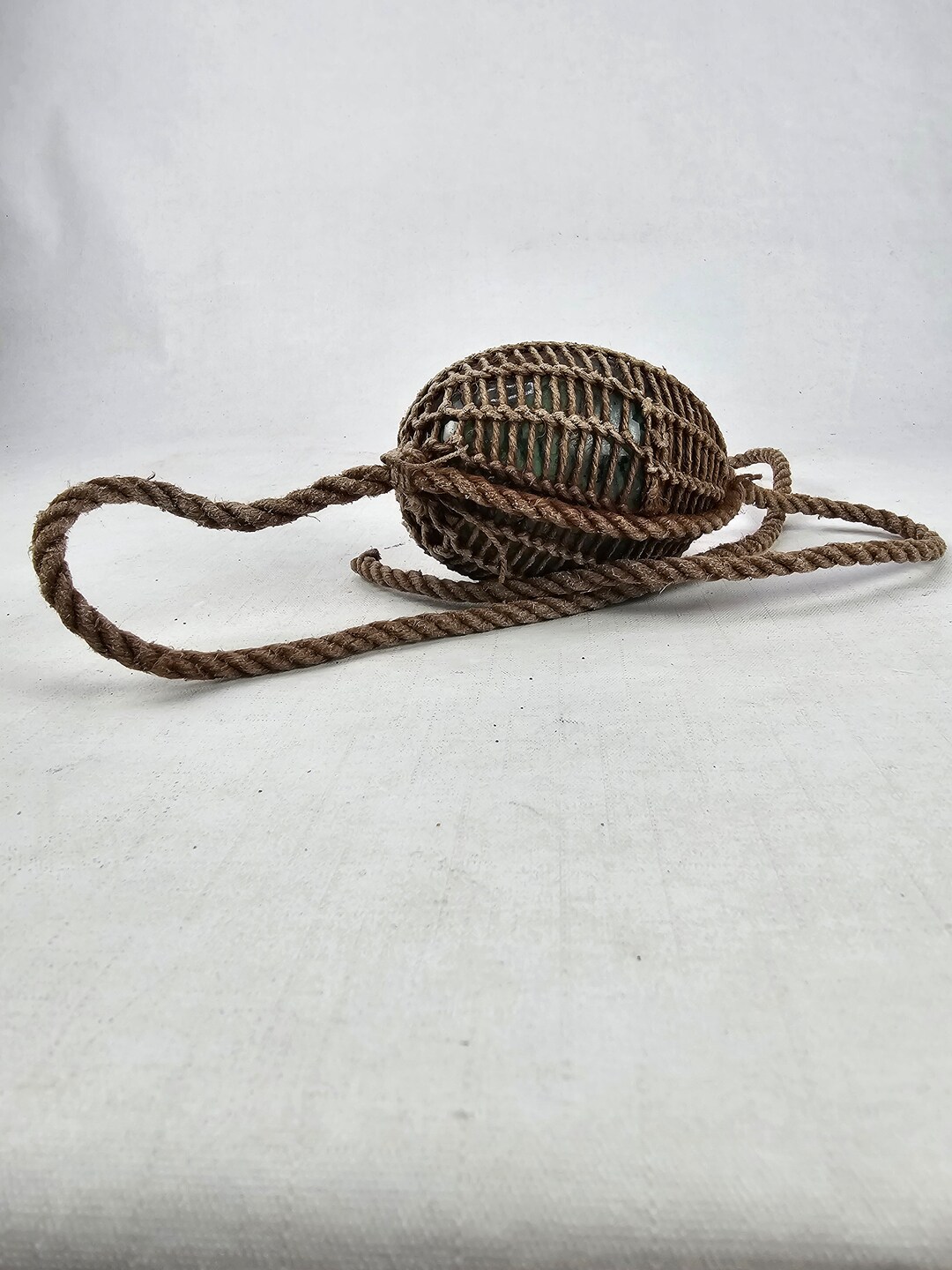 Vintage Fishing Float Set With Dark Olive Green Glass Float and Netted ...