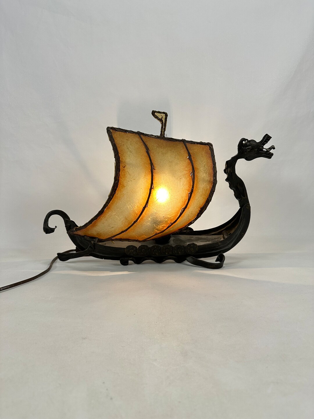 Handmade Viking Ship Lamp With Dragon Bow and Reindeer Skin Sail ...