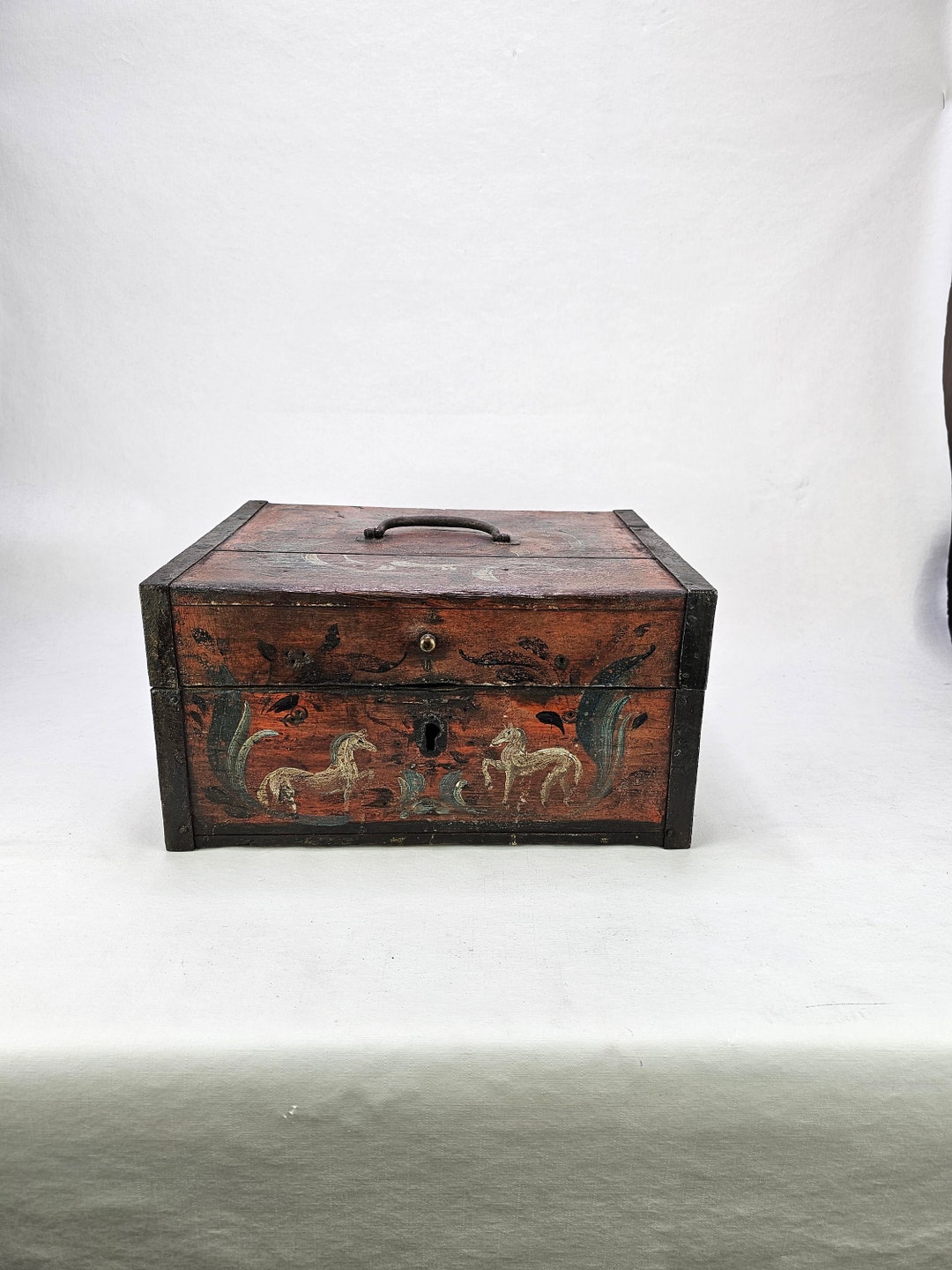 Unique Rustic Wooden Chest With Norwegian Horse Figure Paint - Vintage ...