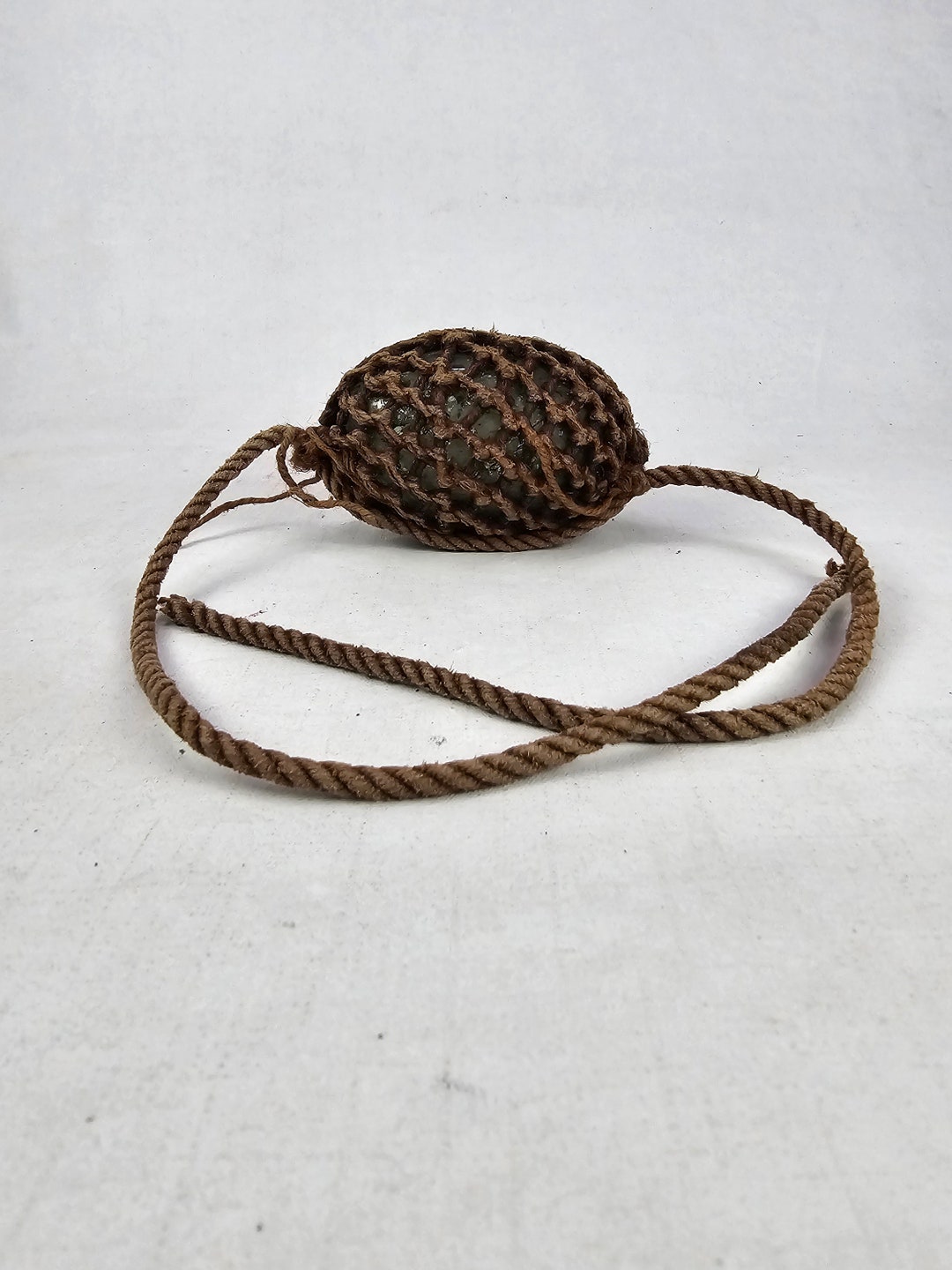 Vintage Fishing Float Set With Dark Olive Green Glass Float and Netted ...