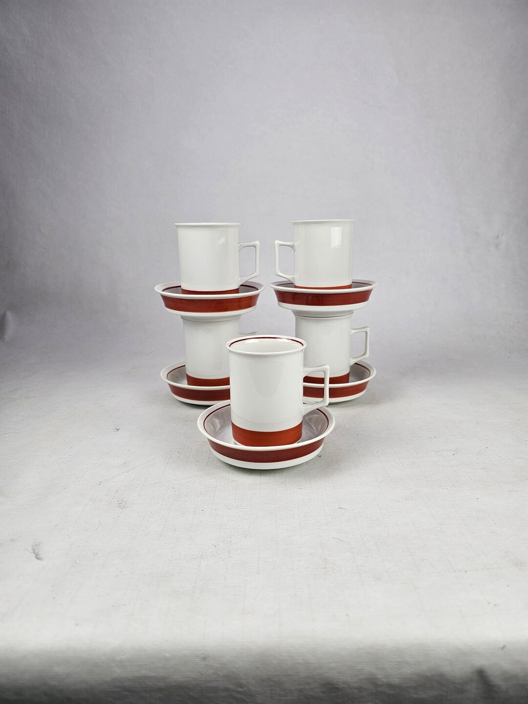 Porsgrunn Porcelain Vintage Coffee Cup Set - Red Rand Design - 5 Cups ...