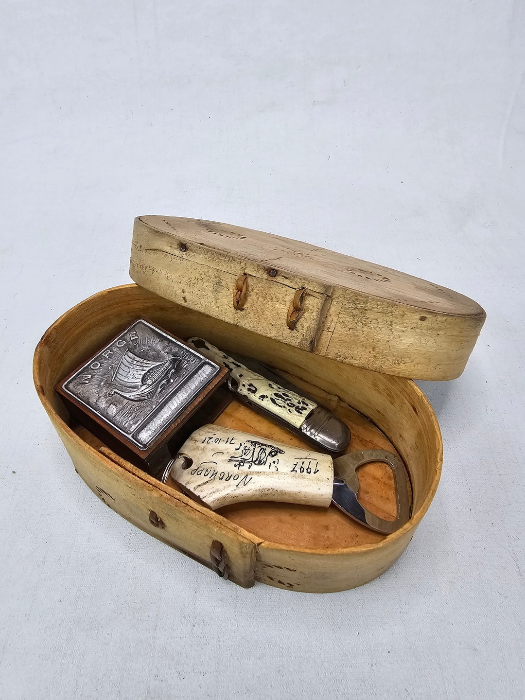 1930s Norwegian Bent Wood Tine Box With Treasures Inside - Stunning ...