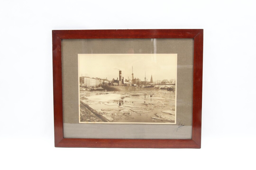 Antique Norwegian Photograph Signed, Steamship in Icy Harbor Oslo Circa ...