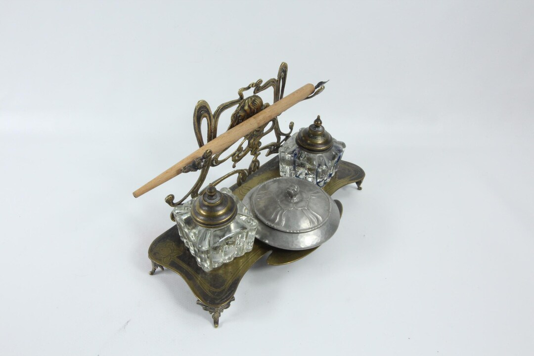 Antique Cast Iron Stork Inkwell Stand Patented 1879 - Elegant Vintage ...