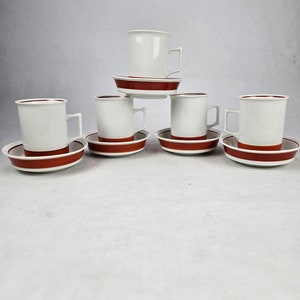 Porsgrunn Porcelain Vintage Coffee Cup Set Red Rand Design 5 Cups and ...