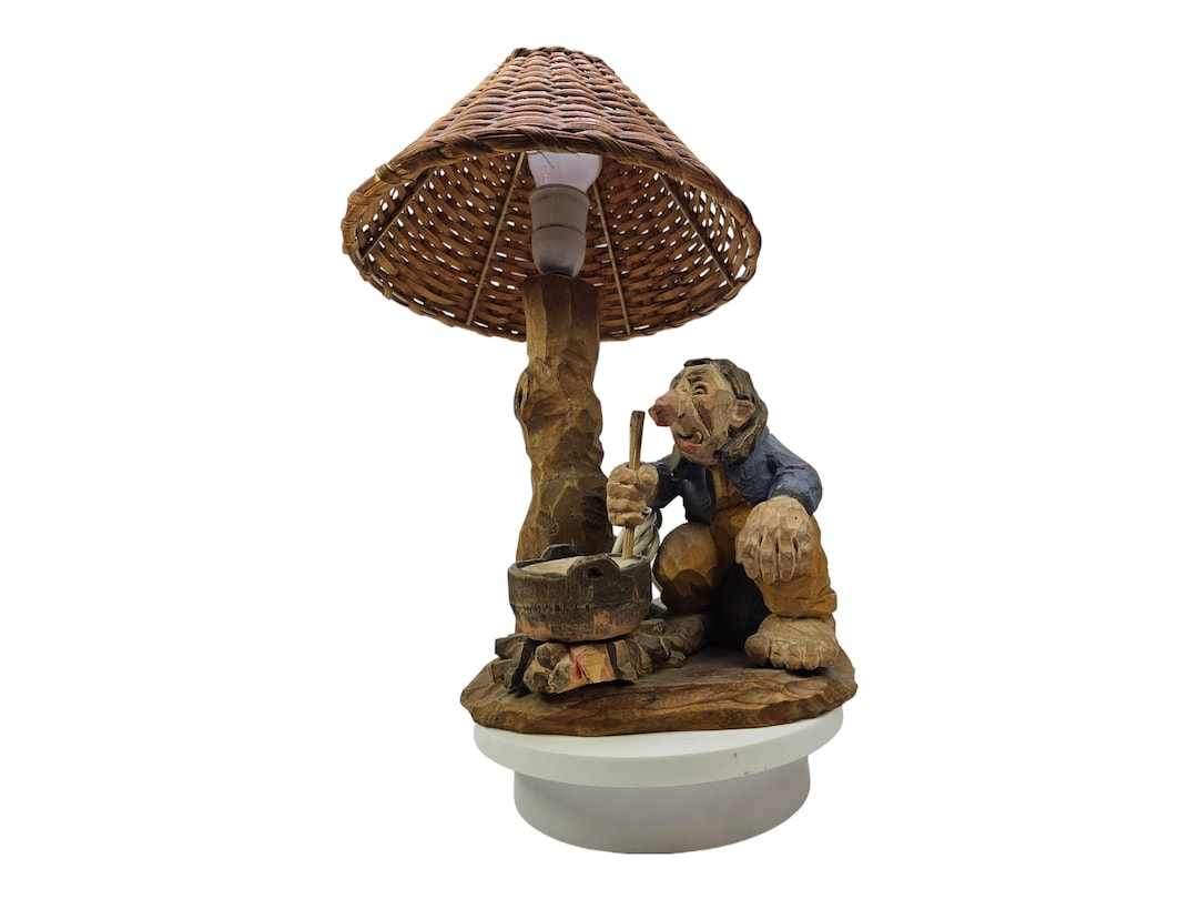 Hand Carved Wooden Troll Table Lamp - Well Known Norwegian Woodcarver ...
