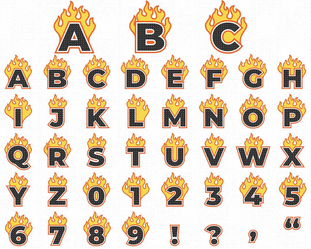 Flaming letters svg, alphabet on fire svg, fiery numbers svg, flaming ...
