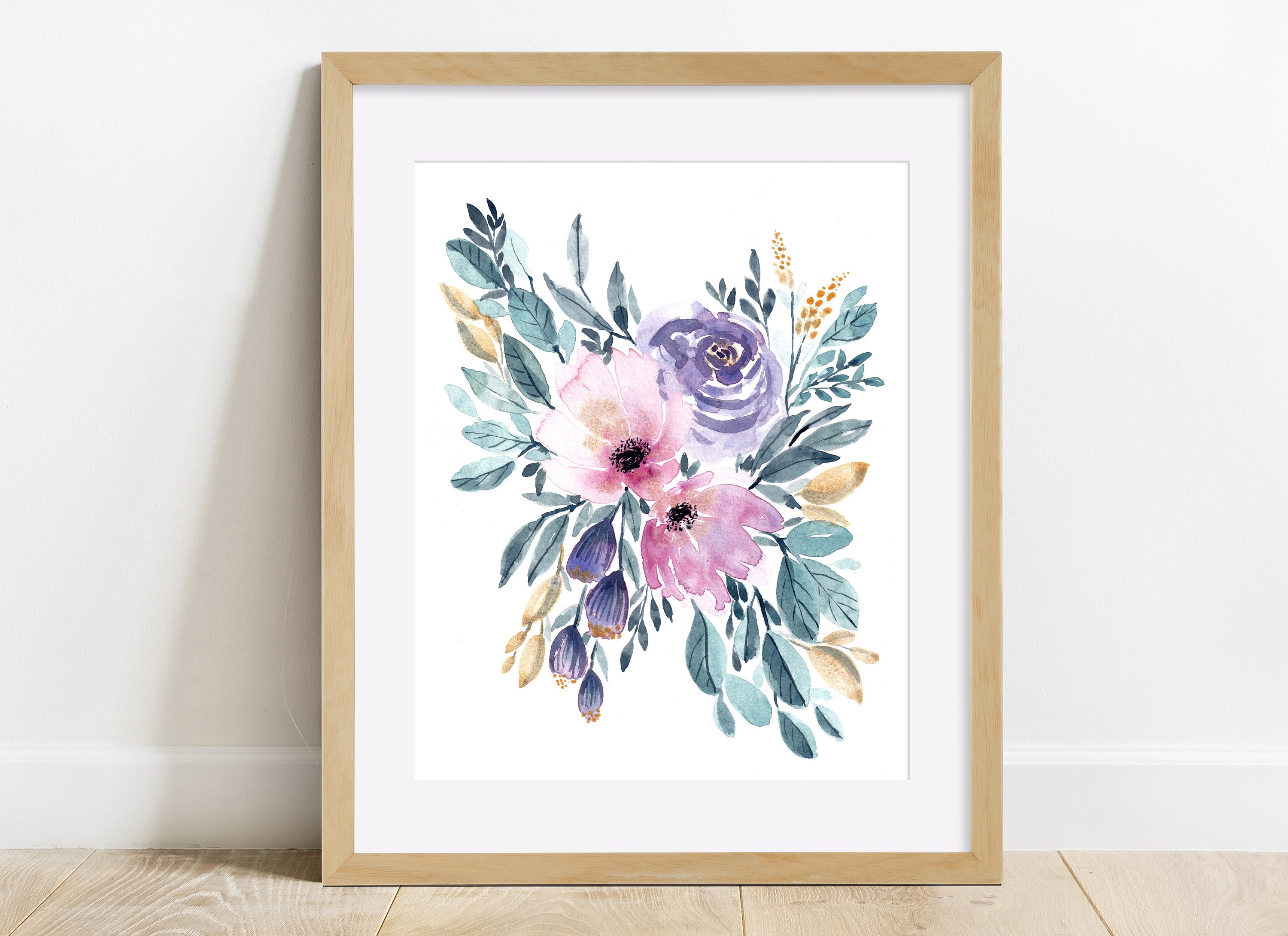 Watercolour Printable, Abstract Floral, Loose Bouquet, Purple and Gold ...