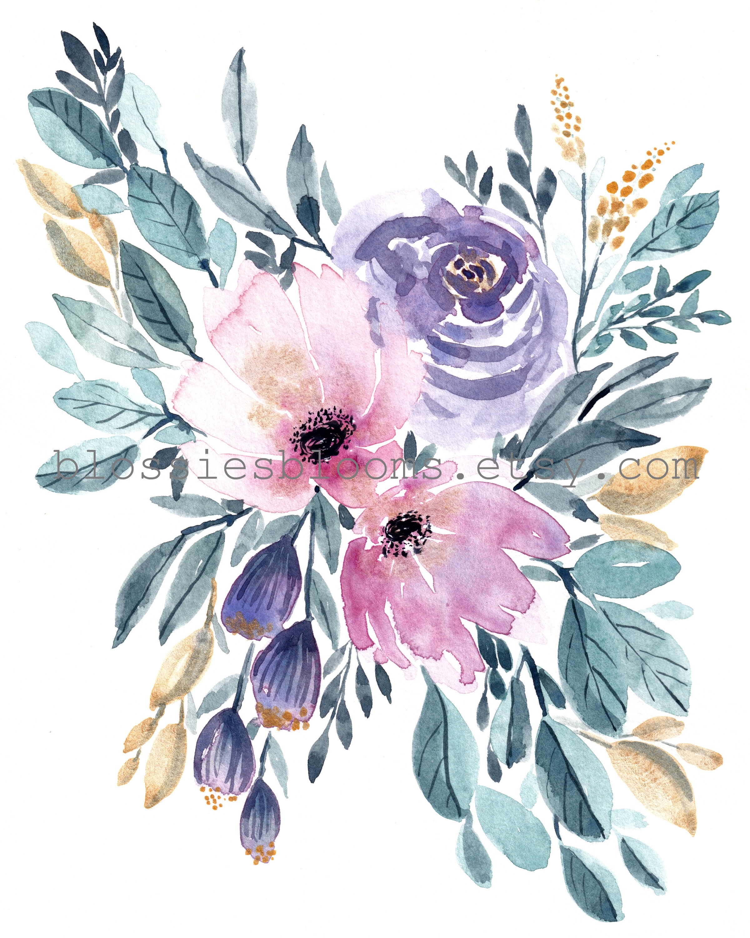 Watercolour Printable, Abstract Floral, Loose Bouquet, Purple and Gold ...