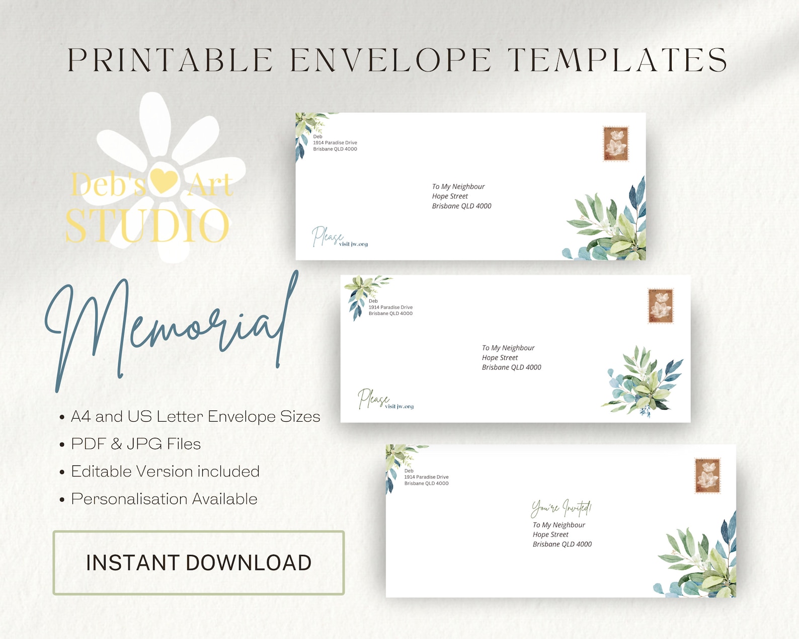 Eucalyptus Memorial Invitation Envelopes: JW Letter Writing (digital ...