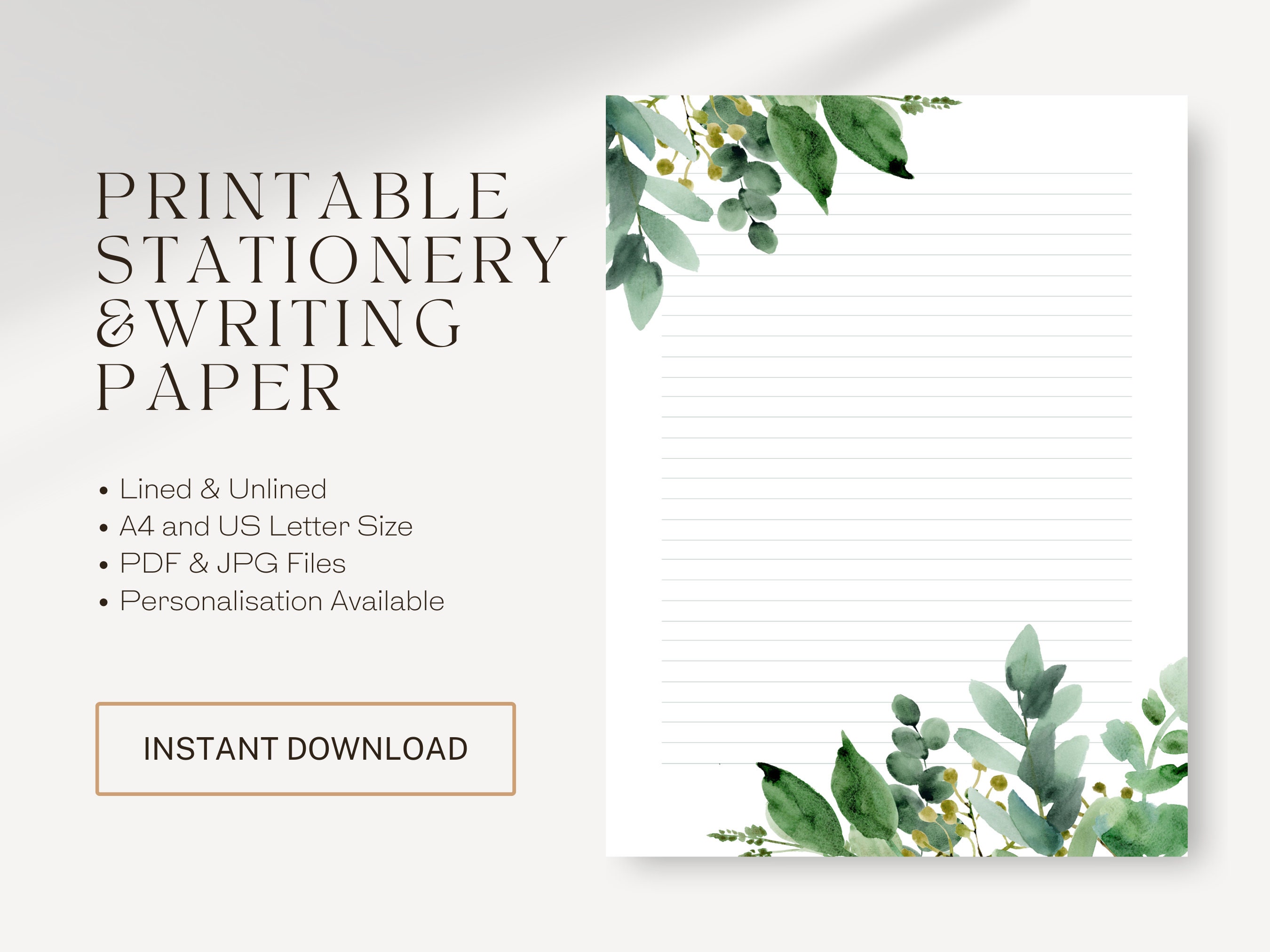 Botanical Letter Writing Paper: Green Leaves Printable Stationery (PDF ...
