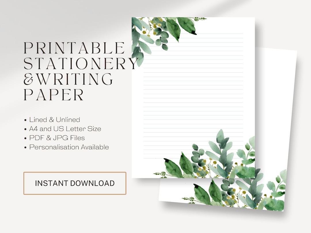 Botanical Letter Writing Paper: Green Leaves Printable Stationery (PDF ...