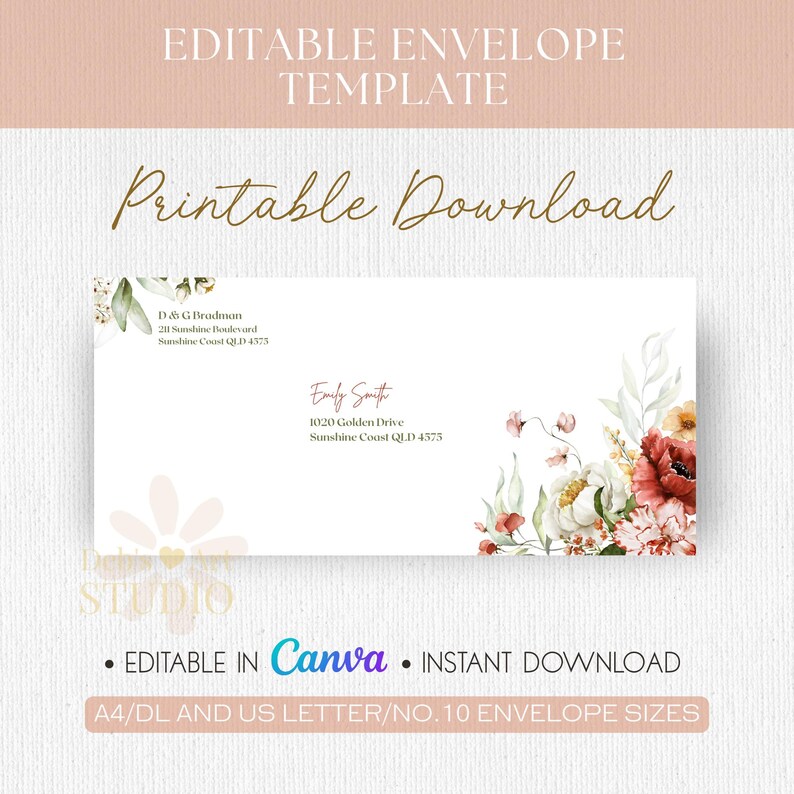 Floral Envelope Template Printable | Editable Canva Envelope | Matching ...