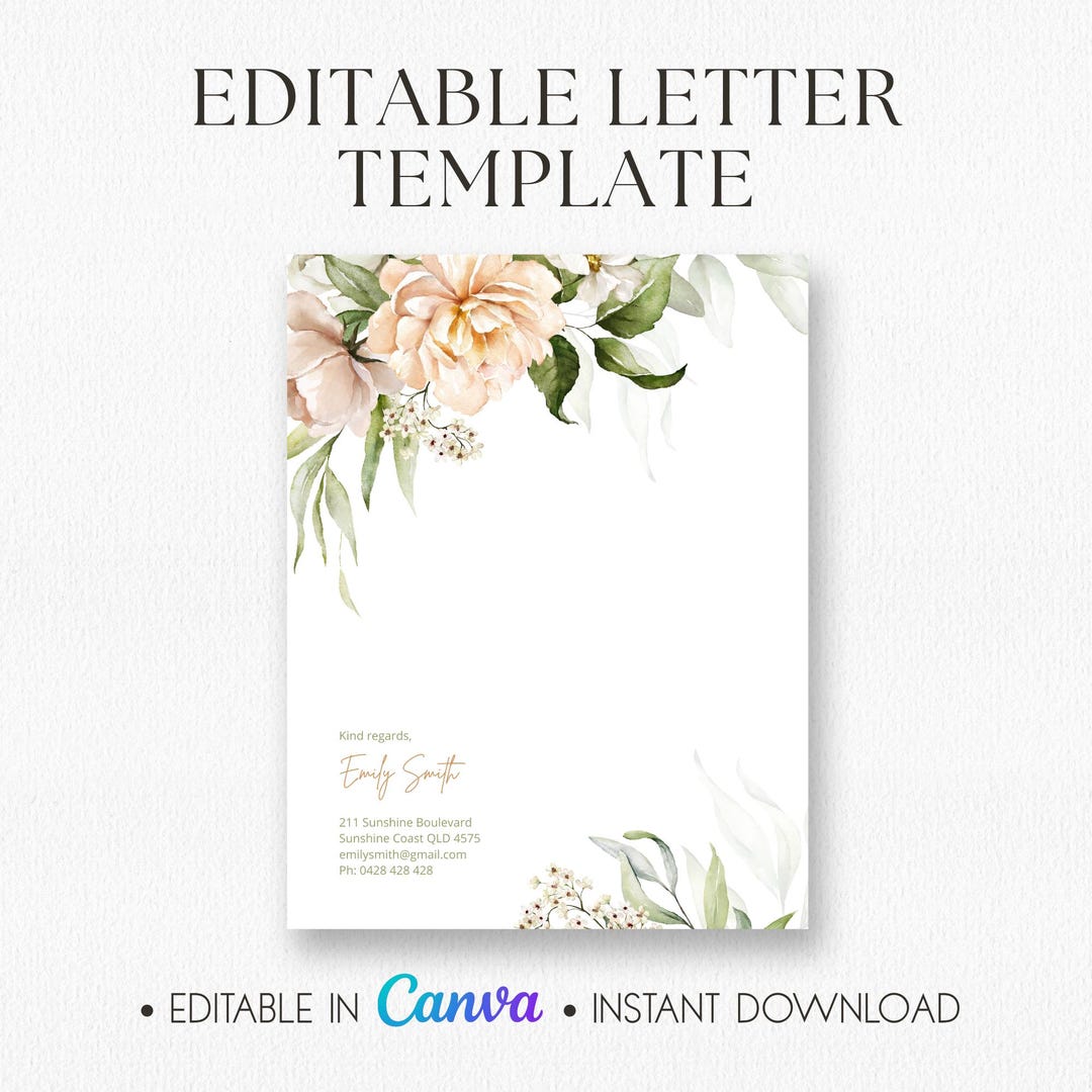 Editable Letterhead Template Canva | Peach Floral Letter Writing Paper ...
