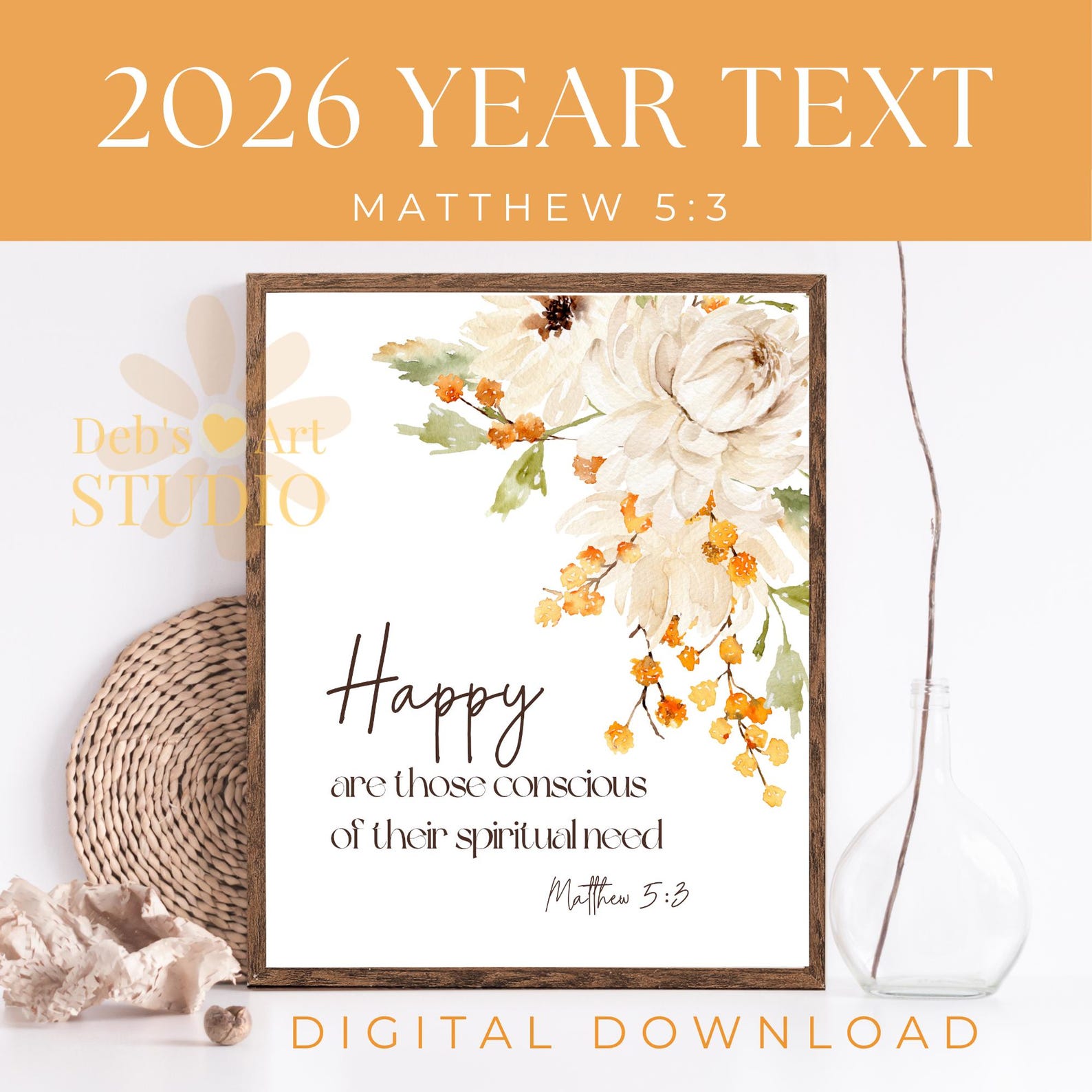 2026 JW Year Text Printable Poster, Matthew 5:3, Floral Bible Verse ...