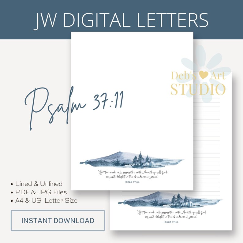 JW Letter Writing Template, Psalm 37:11, Blue Watercolor Mountains (PDF ...