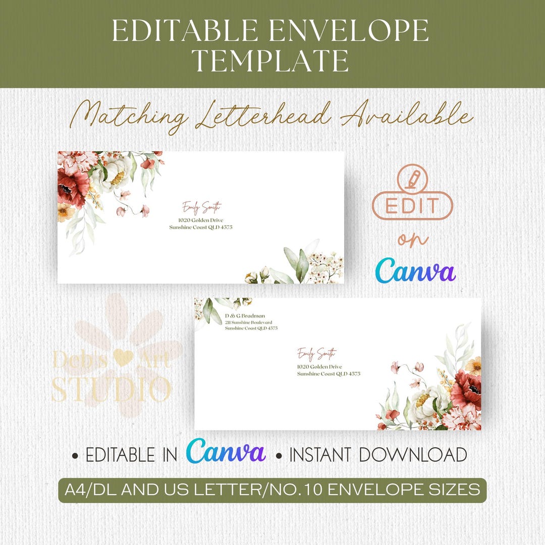 Floral Envelope Template Printable | Editable Canva Envelope | Matching ...