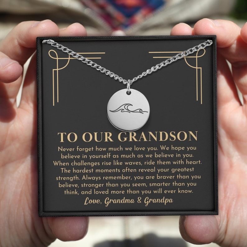To Our Grandson Engraved Wave Coin Necklace - Gift From Grandma ...