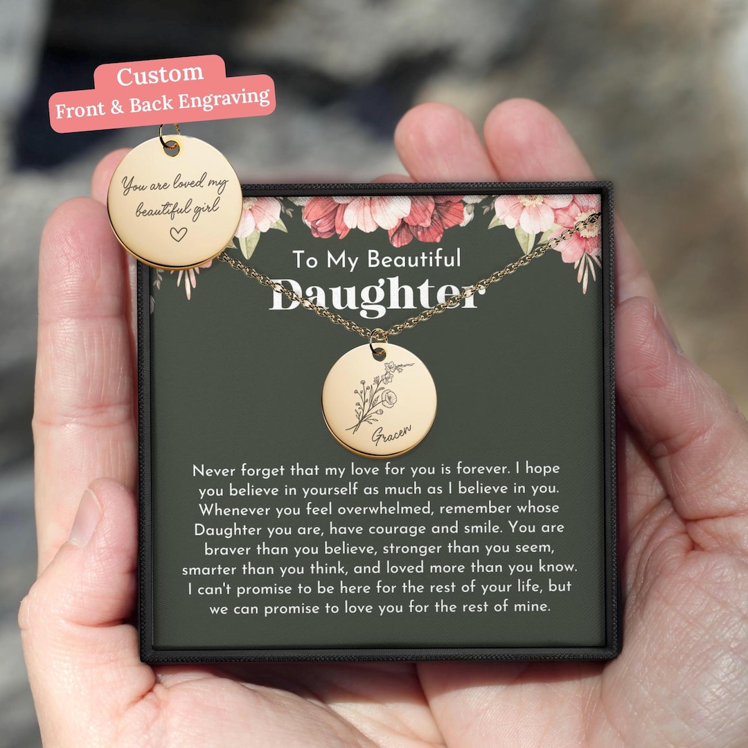 Daughter Birth Flower Coin Necklace, Daughters Gift From Mom or Dad ...