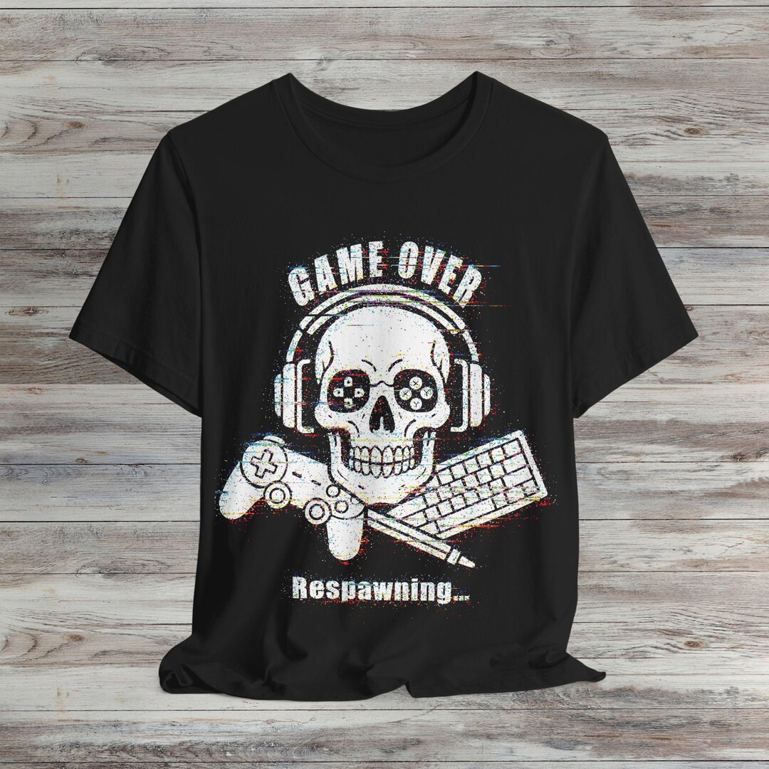Game Over Skull Gamer Shirt Retro Glitch Gaming Tee Funny Respawning ...