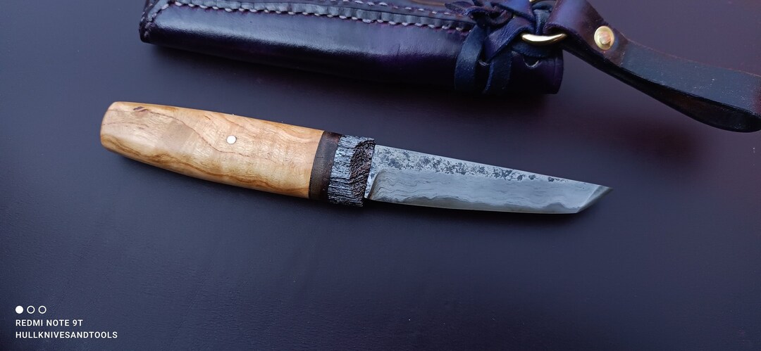 Hand Forged Tanto Knife Laminated San Mai Leather Sheath Sakura Burl ...