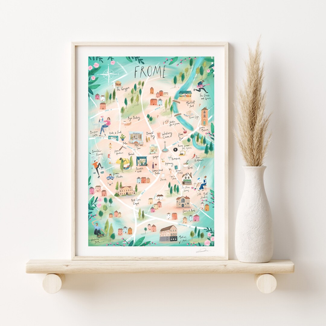 Quirky Illustrated Frome Map Print Somerset Town Wall Art Fun Engaging ...