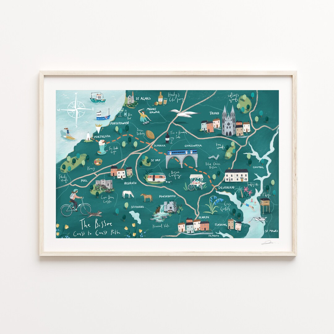 Illustrated Cornish Cycle Trail Map Cornwall Cycling Art Print Fun ...