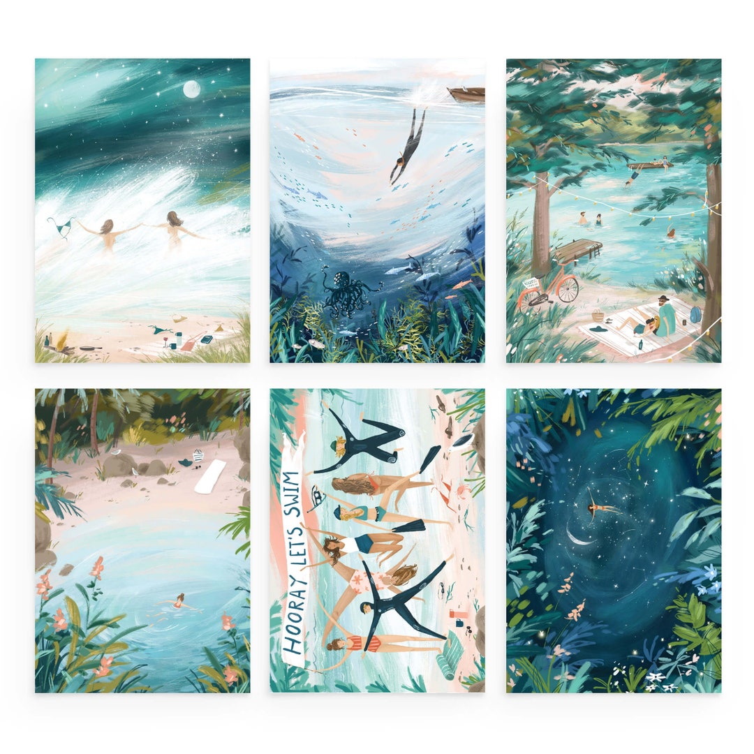 Wild Swimming Postcard Set | Set of Six A6 Swim Adventure Art Prints ...