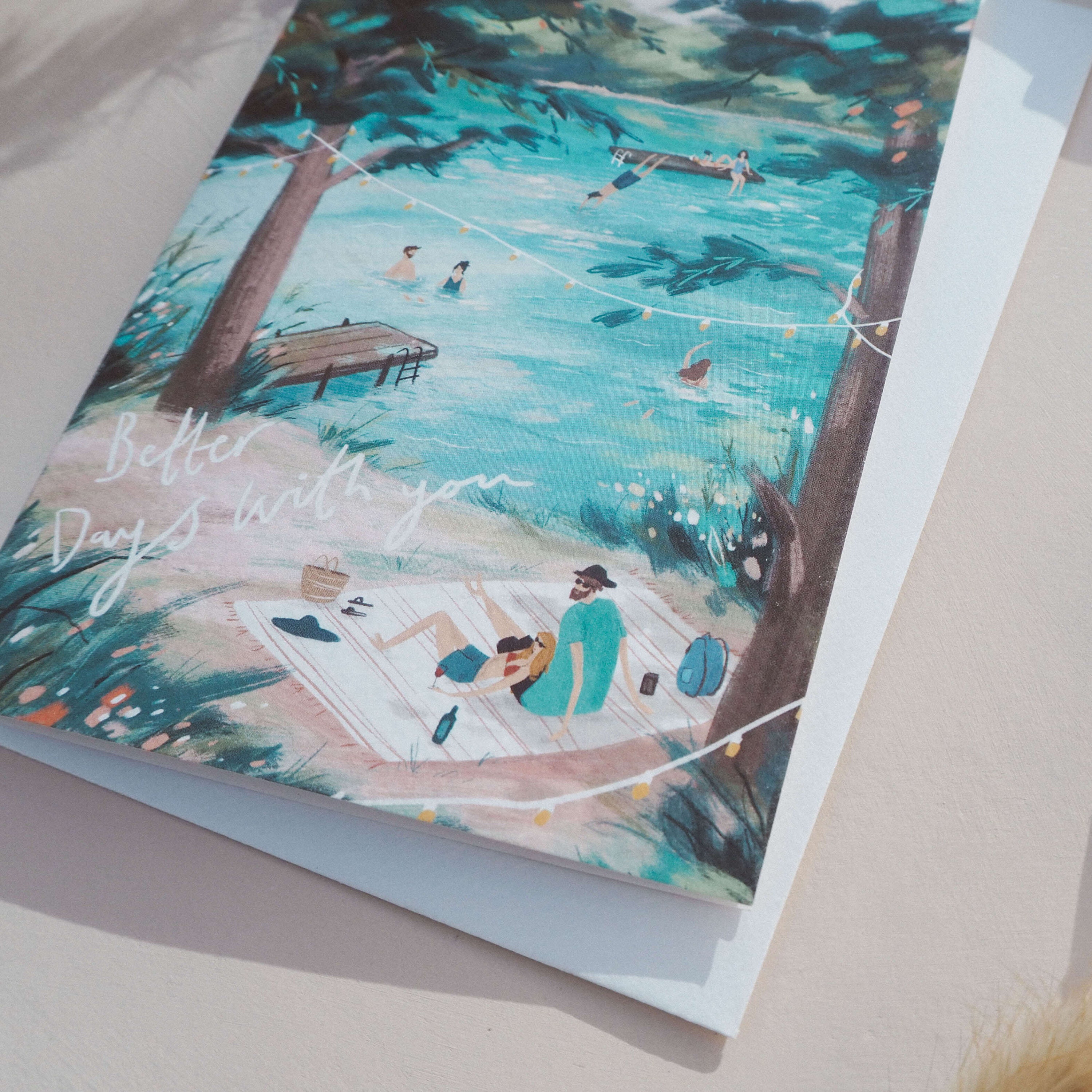 Fun Adventure Couple Card Lakeside Picnic Illustrated Greeting Card ...