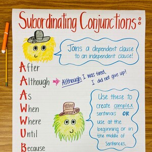 Subordinate Conjunctions Anchor Chart | Etsy