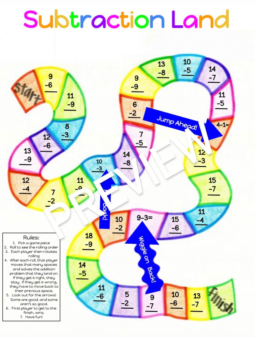 Subtraction Land Game Board - Etsy