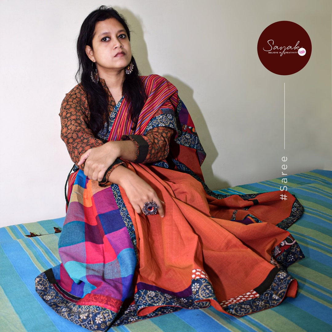 One Piece Designer Saree Different Fabrics Combined With - Etsy