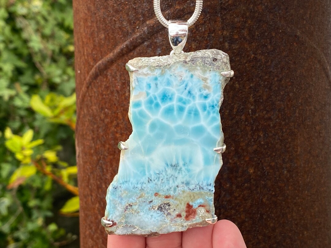 Large Larimar Slice / Slab Pendant in 925 Sterling Silver - Handmade ...