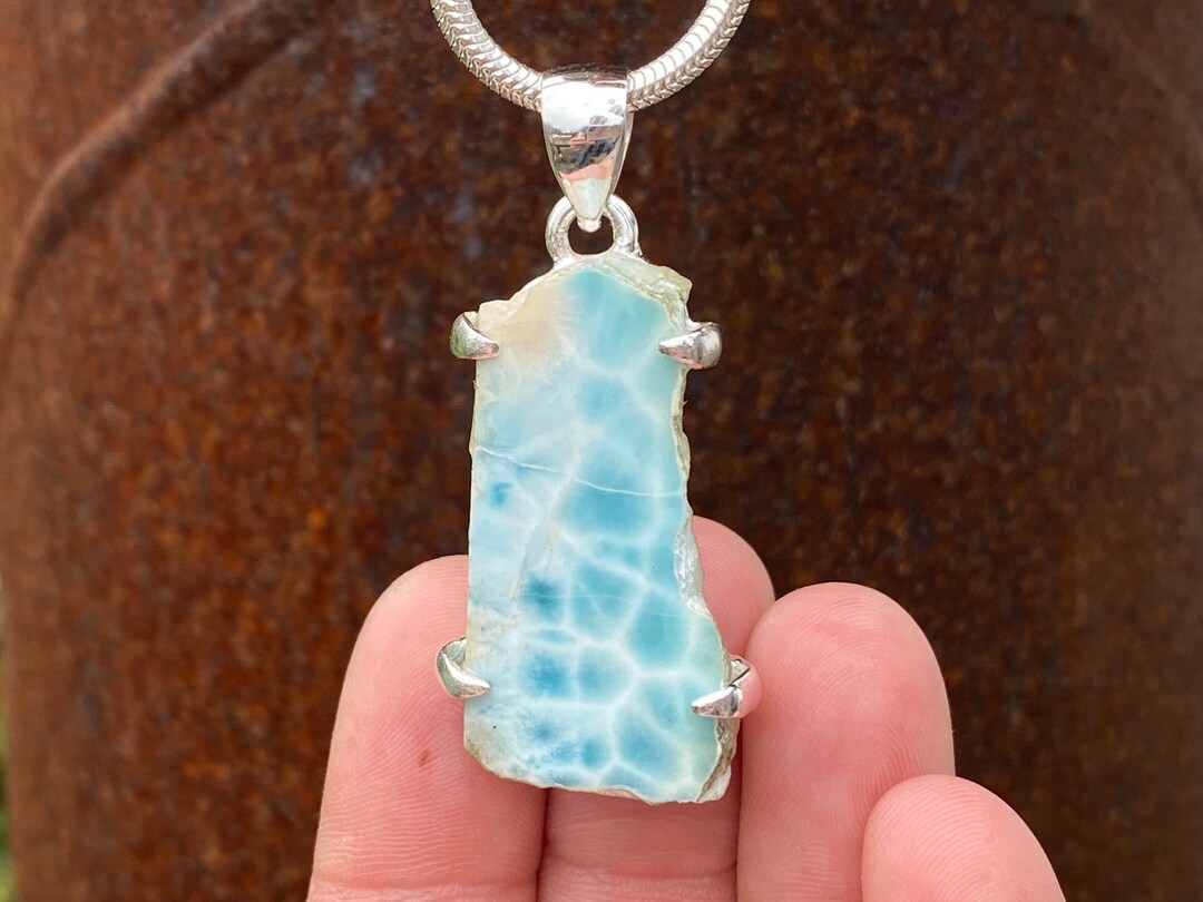 Larimar Slice Pendant in 925 Sterling Silver - Handmade 19x49mm Claw ...