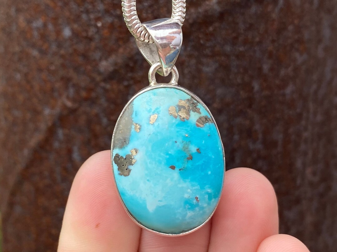 Turquoise & Pyrite Pendant in 925 Sterling Silver - Handmade 22x41mm ...