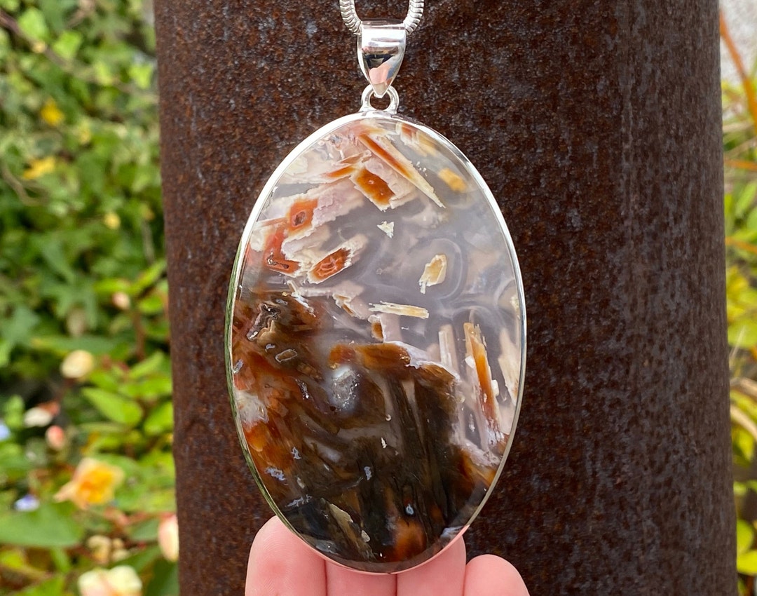Very Large Turkish Stick Agate Pendant in 925 Sterling Silver ...