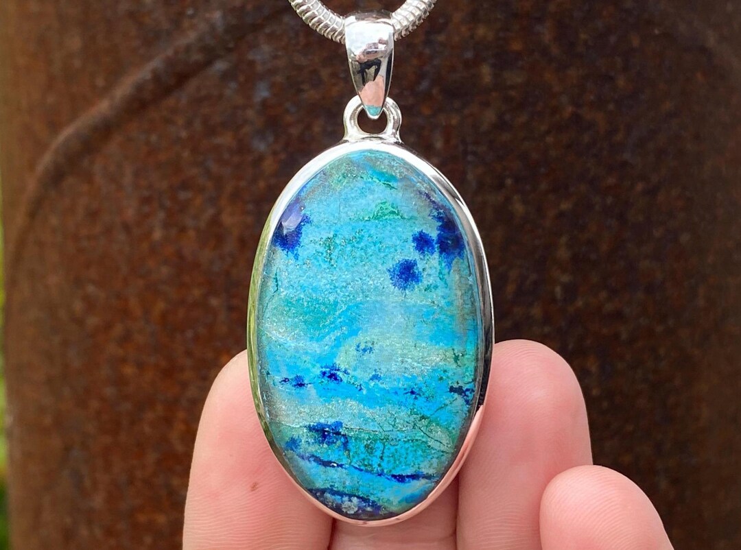 Bluebird Azurite Chrysocolla Pendant in 925 Sterling Silver - Handmade ...