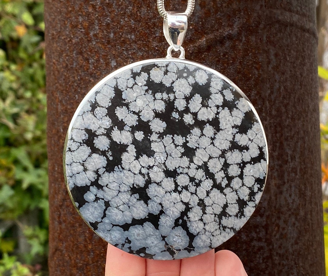 Very Large Snowflake Obsidian Pendant in 925 Sterling Silver - Handmade ...