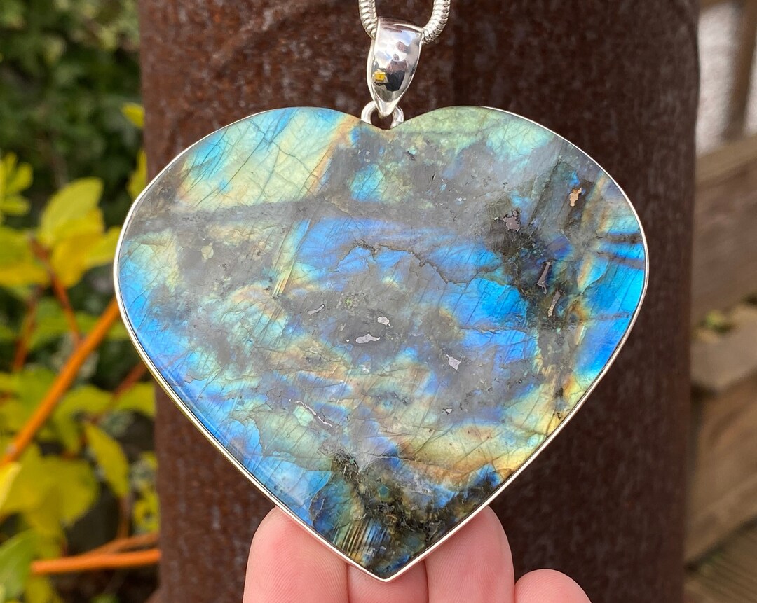 Very Large Labradorite Heart Pendant in 925 Sterling Silver - Handmade ...