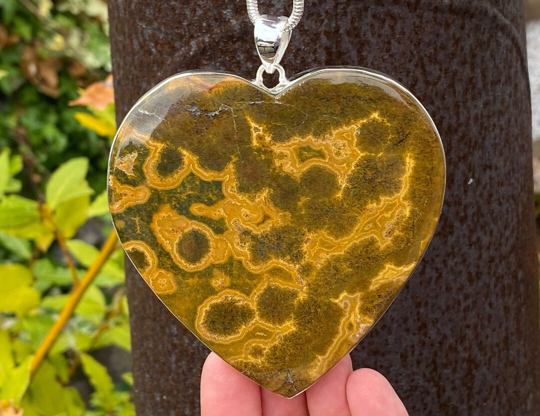 Huge Ocean / Orbicular Jasper Heart Pendant in 925 Sterling Silver ...
