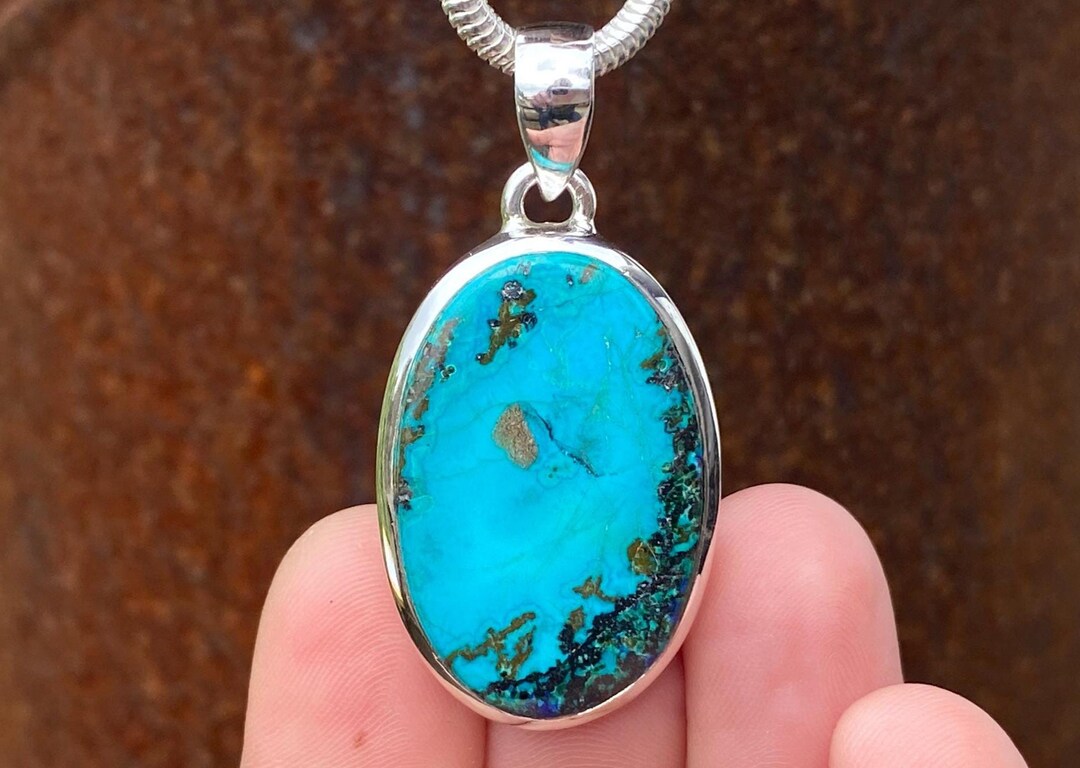 Bluebird Azurite Chrysocolla Pendant in 925 Sterling Silver - Handmade ...