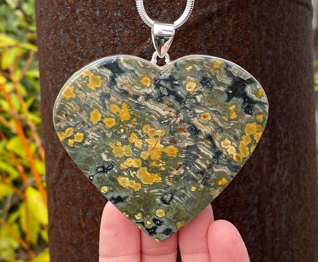 Large Ocean / Orbicular Jasper Heart Pendant in 925 Sterling Silver ...