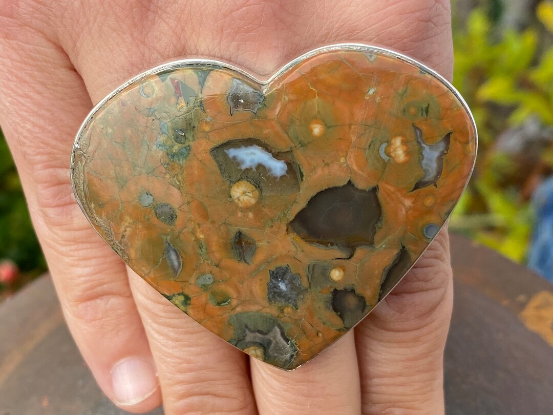 Large Rainforest Jasper Rhyolite (size R 1/2 , 9) Ring in 925 Sterling ...